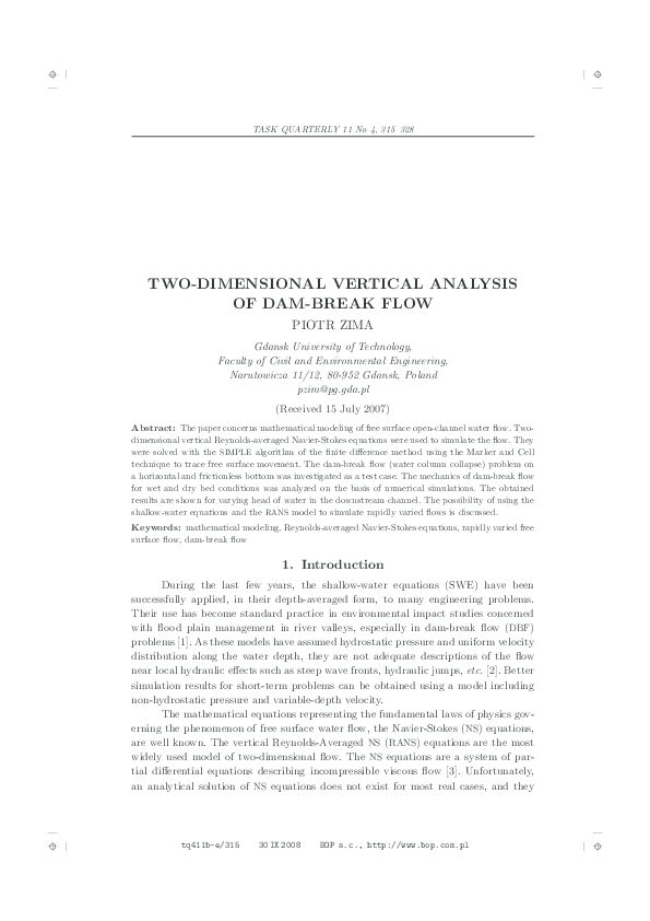 (PDF) Two-Dimensional Vertical Analysis of Dam-Break Flow | Piotr Zima - Academia.edu