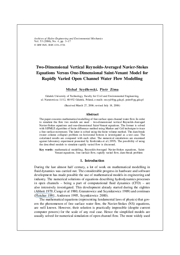 (PDF) Two-Dimensional Vertical Reynolds-Averaged Navier-Stokes Equations Versus One-Dimensional ...