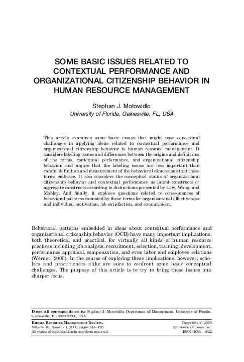 (PDF) Some Basic Issues Related to Contextual Performance and Organizational Citizenship ...
