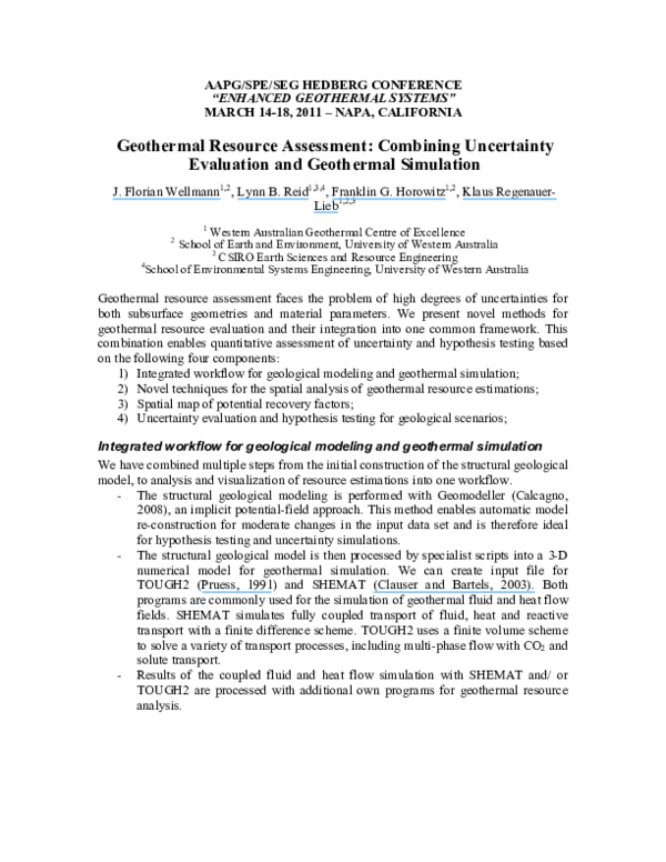 (PDF) Geothermal Resource Assessment: Combining Uncertainty Evaluation and Geothermal Simulation
