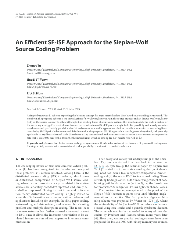 (PDF) An Efficient SF-ISF Approach for the Slepian-Wolf Source Coding Problem | Rick S Blum ...