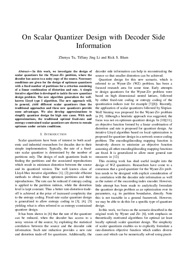 (PDF) On Scalar Quantizer Design with Decoder Side Information