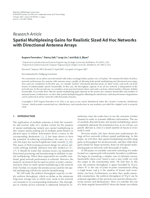 Pdf Spatial Multiplexing Gains For Realistic Sized Ad Hoc Networks With Directional Antenna Arrays