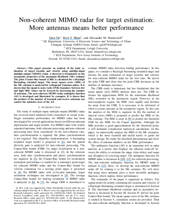 (PDF) Non-coherent MIMO radar for target estimation: More antennas ...