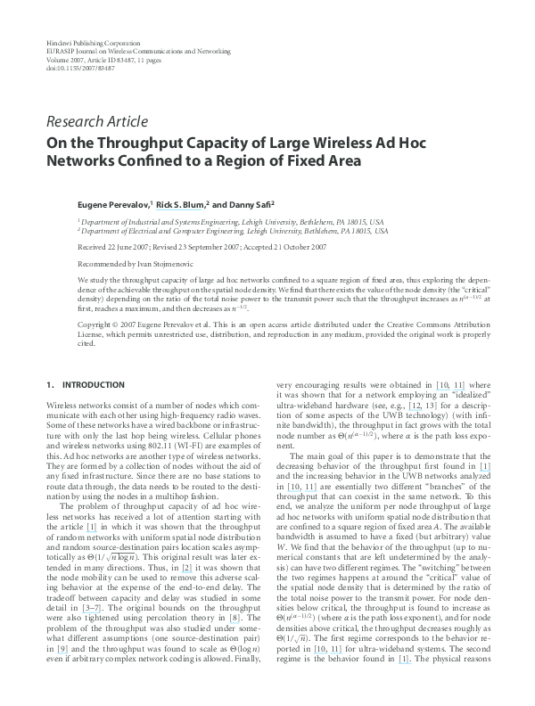 Pdf On The Throughput Capacity Of Large Wireless Ad Hoc Networks