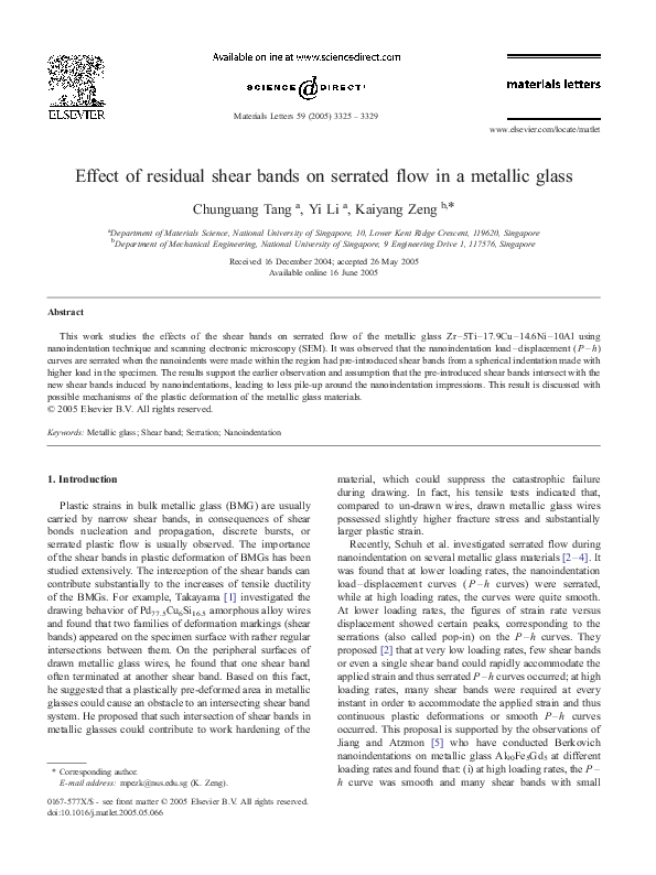 (PDF) Effect of residual shear bands on serrated flow in a metallic glass