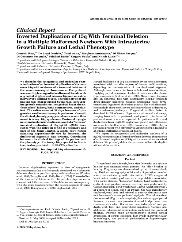 Pdf Inverted Duplication Of 15q With Terminal Deletion In A Multiple