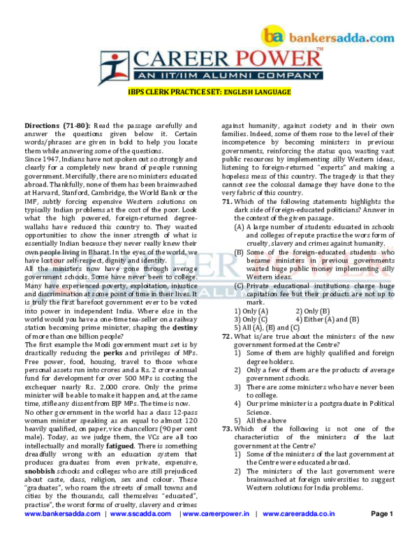 (PDF) IBPS CLERK PRACTICE SET: ENGLISH LANGUAGE | sanjeev ray - Academia.edu