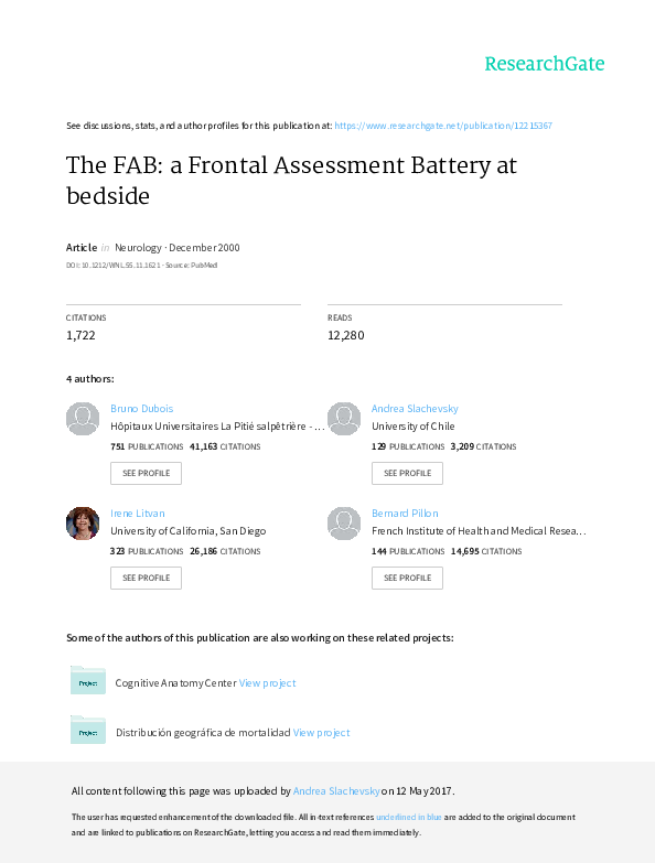 (PDF) The FAB a Frontal Assessment Battery at bedside