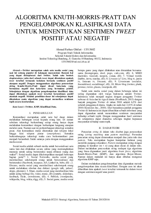 (PDF) ALGORITMA KNUTH-MORRIS-PRATT DAN PENGELOMPOKAN KLASIFIKASI DATA UNTUK MENENTUKAN SENTIMEN ...