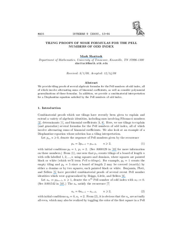 Pdf Tiling Proofs Of Some Formulas For The Pell Numbers Of Odd Index Mark Shattuck