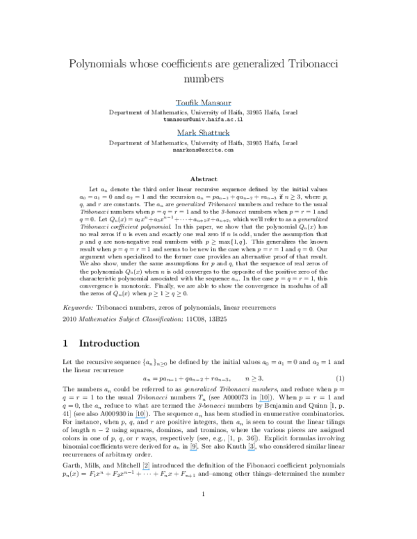 Pdf Polynomials Whose Coefficients Are Generalized Tribonacci Numbers