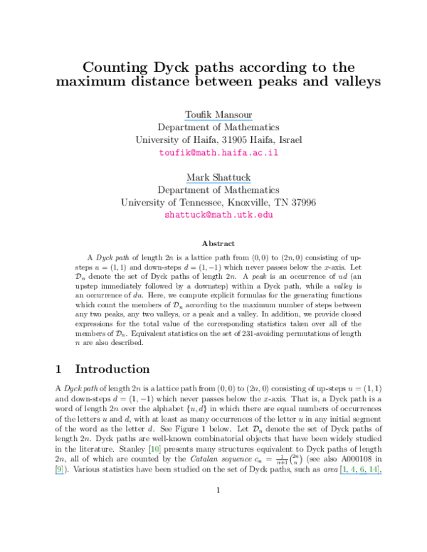 (PDF) Counting Dyck Paths According to the Maximum Distance Between Peaks and Valleys