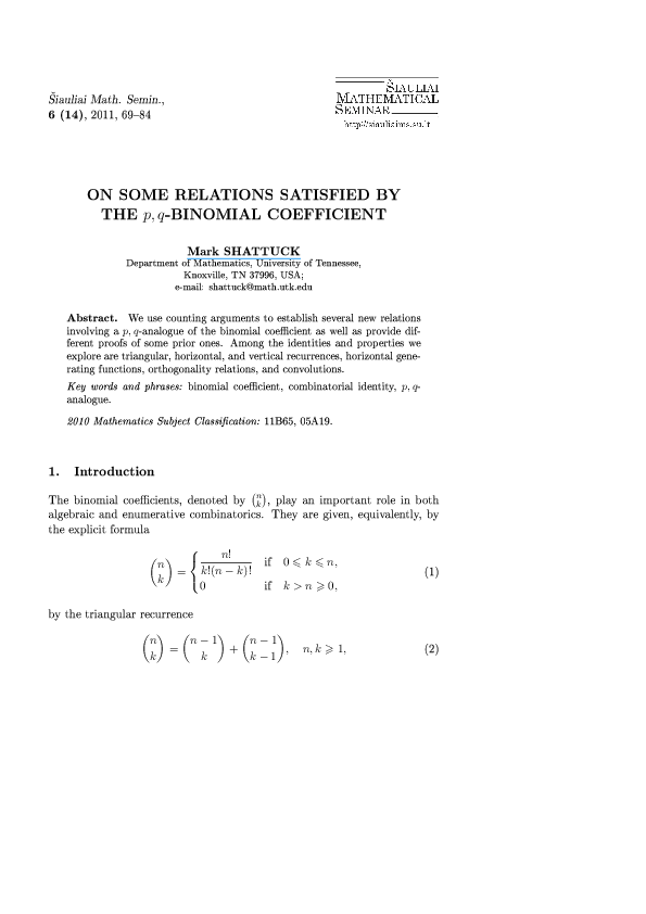 Pdf On Some Relations Satisfied By The P Q Binomial Coefficient