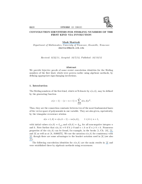 (PDF) Convolution Identities for Stirling Numbers of the First Kind via ...