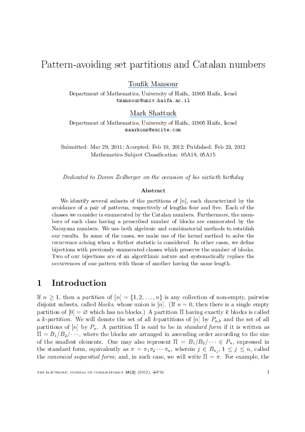 (PDF) Pattern avoiding set partitions and Catalan numbers