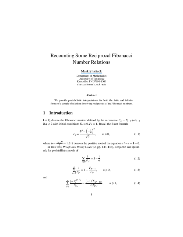 Pdf Recounting Some Reciprocal Fibonacci Number Relations
