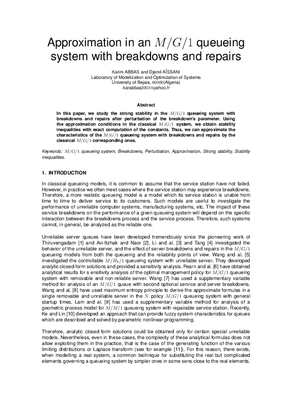 (PDF) Approximation in an M=G=1 queueing system with breakdowns and repairs