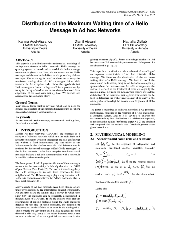Pdf Distribution Of The Maximum Waiting Time Of A Hello Message In Ad Hoc Networks Djamil