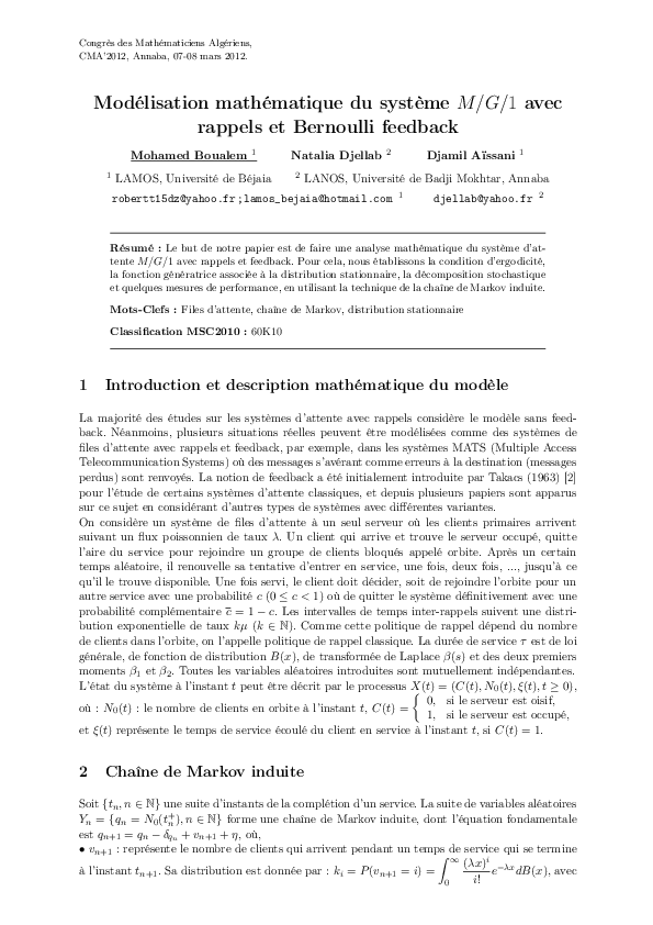 (PDF) Modélisation mathématique du système M/G/1 avec rappels et ...