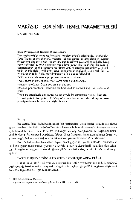 (PDF) İhad_2004.3 Makasıd Teorisinin Temel Parametreleri, Ali Pekcan
