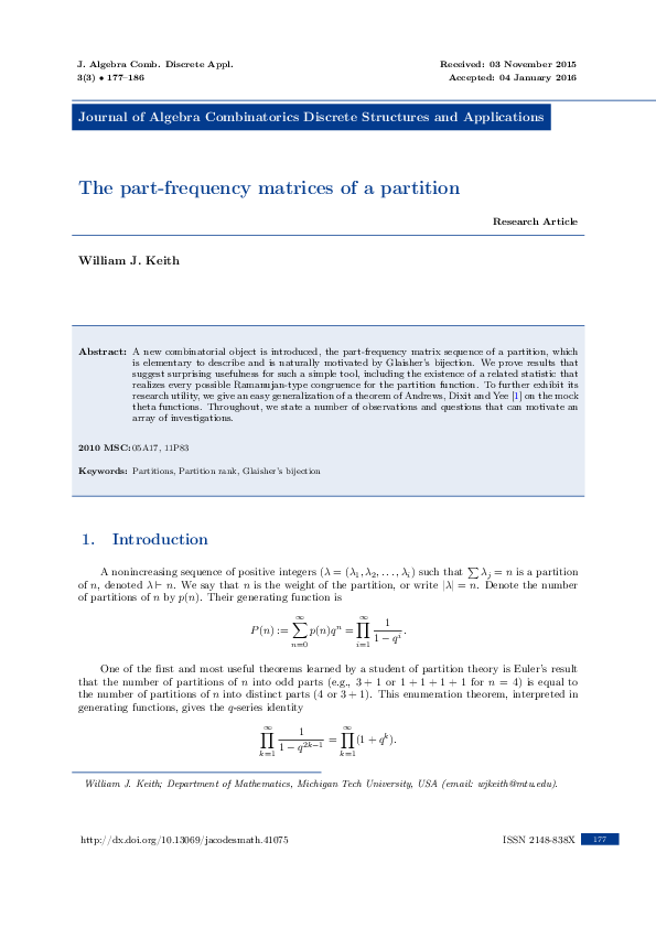 (PDF) The part-frequency matrices of a partition