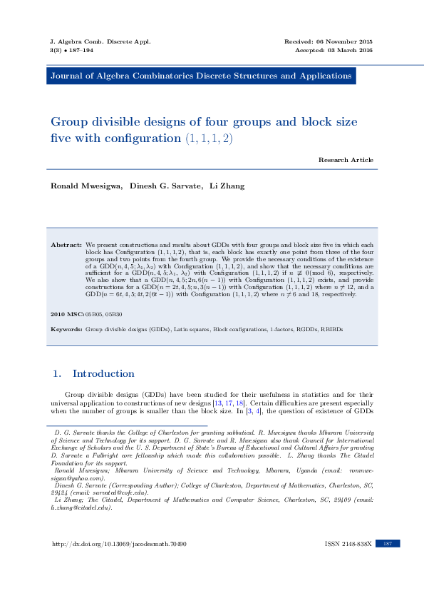 (PDF) Group divisible designs of four groups and block size five with ...