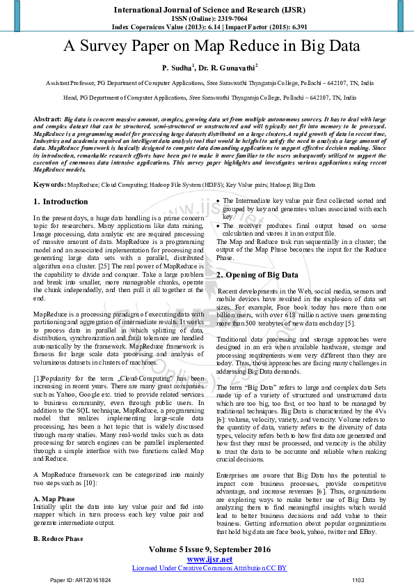 (PDF) A Survey Paper on Map Reduce in Big Data