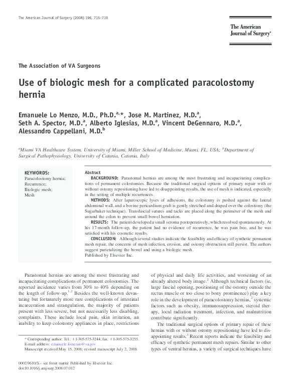 (PDF) Use of biologic mesh for a complicated paracolostomy hernia