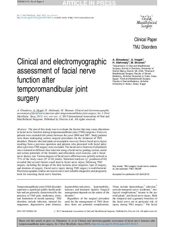 (PDF) Facial Nerve Function Post TMJ Surgery: Clinical and EMG Study