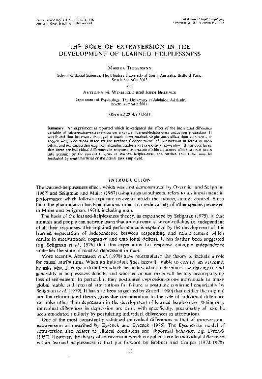 (PDF) The role of extraversion in the development of learned helplessness