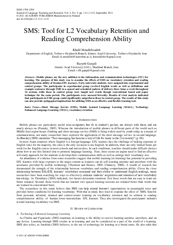 (PDF) SMS: Tool for L2 Vocabulary Retention and Reading Comprehension Ability