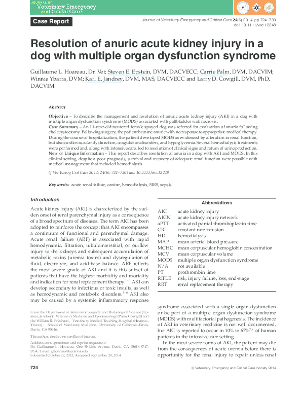 (PDF) Resolution of anuric acute kidney injury in a dog with multiple ...