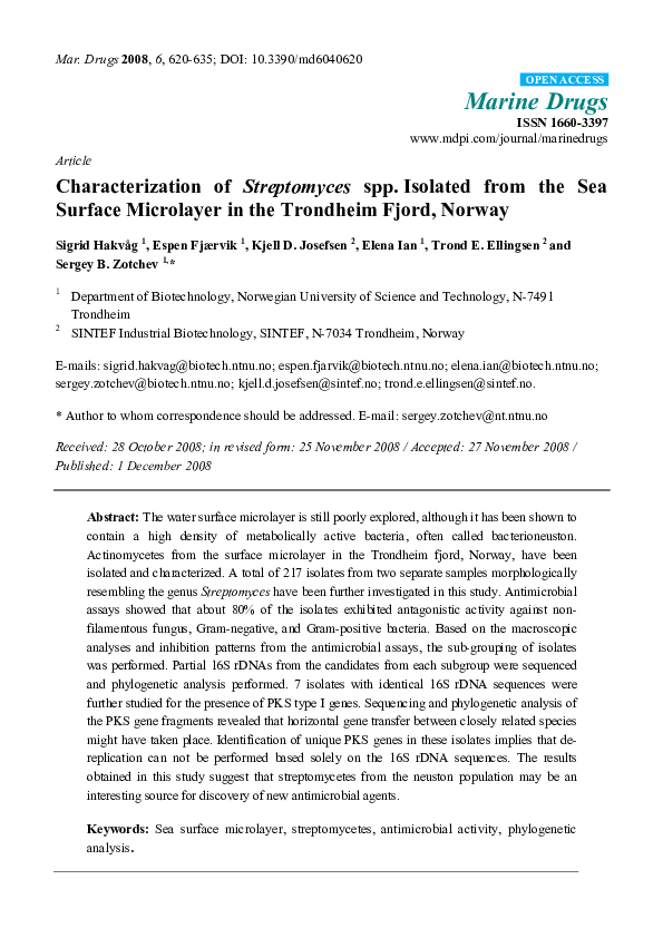 (PDF) Characterization of Streptomyces spp. Isolated from the Sea Surface Microlayer in the ...
