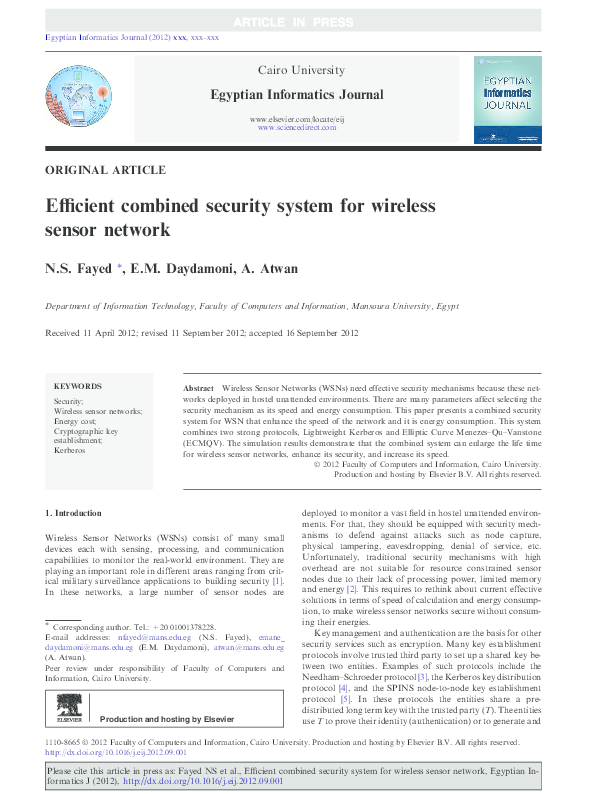 (PDF) Efficient combined security system for wireless sensor network