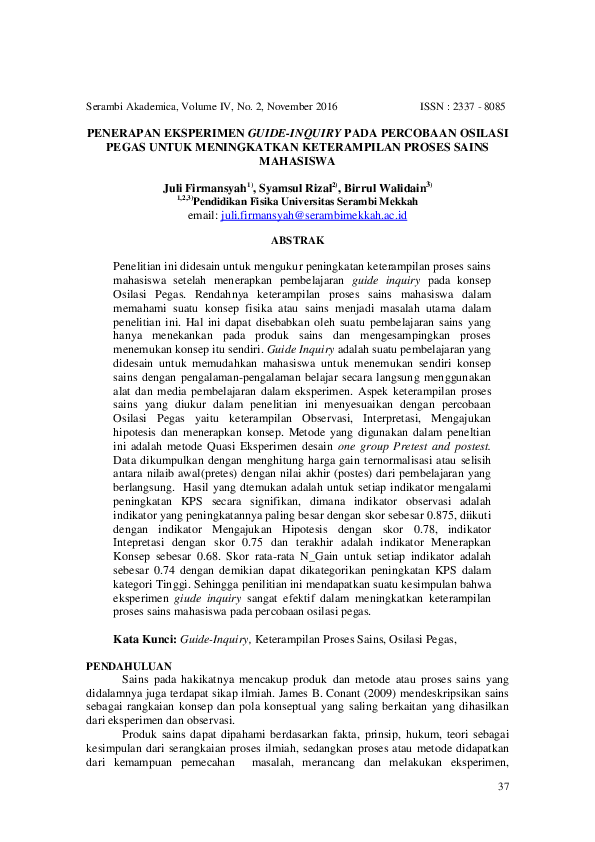 (PDF) PENERAPAN EKSPERIMEN GUIDE-INQUIRY PADA PERCOBAAN OSILASI PEGAS UNTUK MENINGKATKAN ...