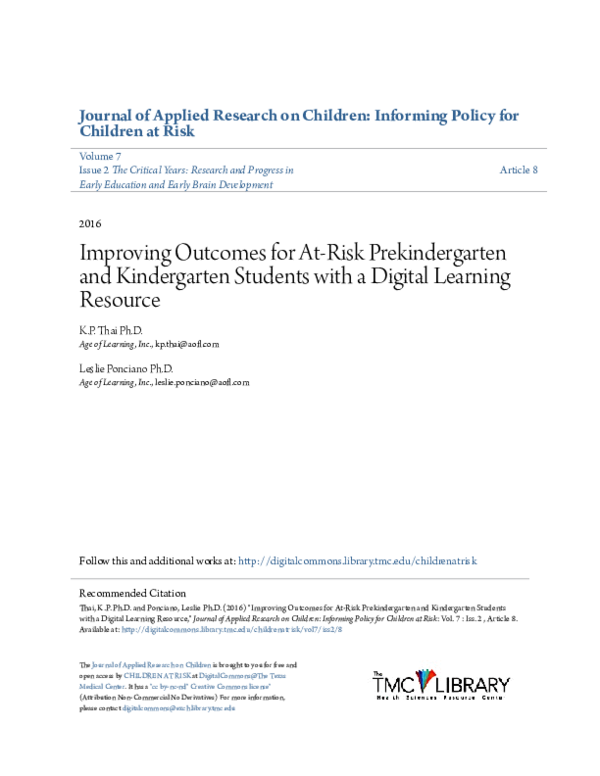 (PDF) Improving Outcomes for At-Risk Prekindergarten and Kindergarten ...