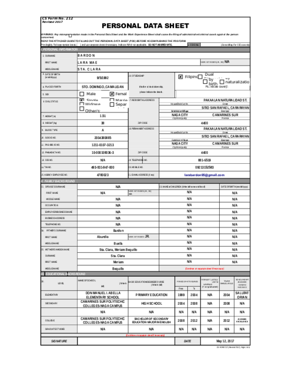 (XLS) CS Form No. 212 revised Personal Data Sheet new