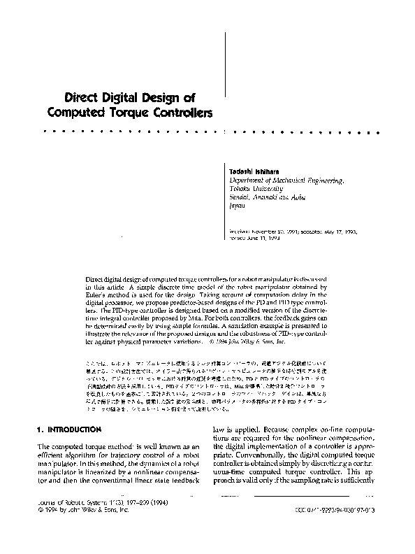 (PDF) Direct digital design of computed torque controllers | Tadashi Ishihara - Academia.edu