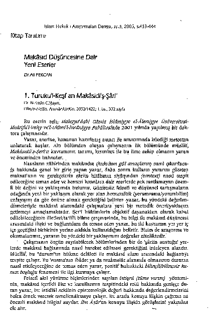 (PDF) İhad_2005.5 Makasıd Düşüncesine Dair Yeni Eserler , Ali Pekcan
