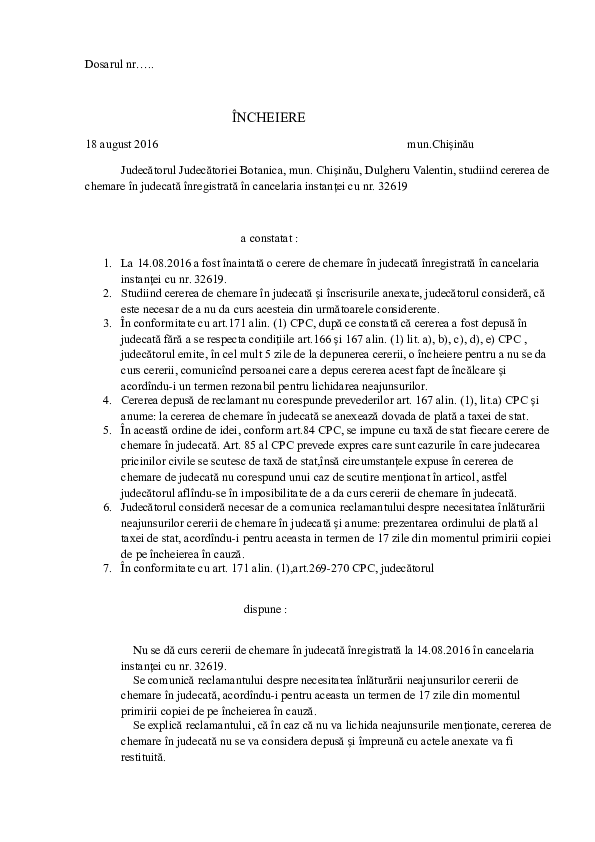 (DOC) Incheiere prin care nu se da curs cererii de chemare i | EN ...