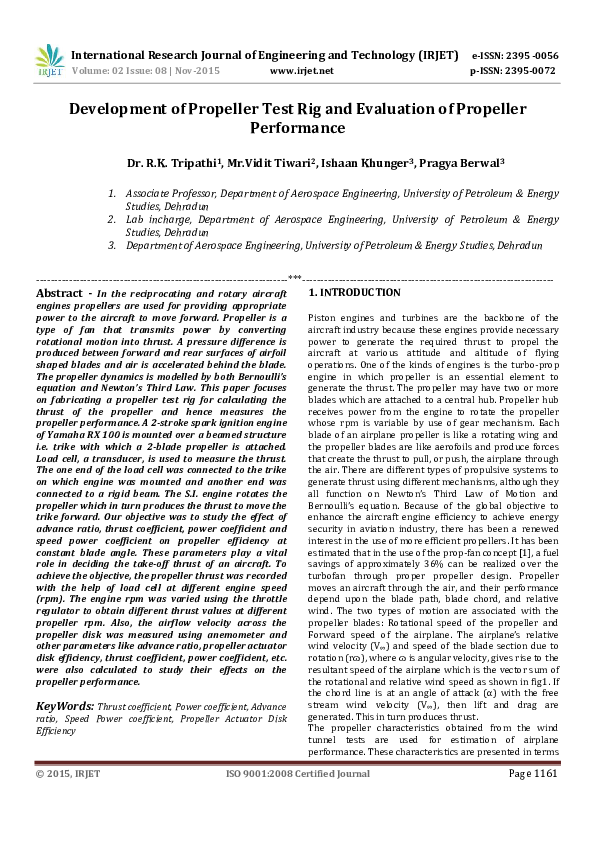 (PDF) Development of Propeller Test Rig and Evaluation of Propeller ...