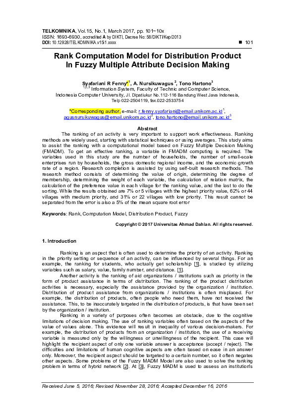 Pdf Rank Computation Model For Distribution Product In Fuzzy Multiple Attribute Decision