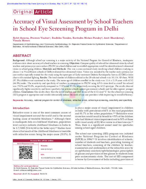 (PDF) Accuracy of visual assessment by school teachers in school eye ...