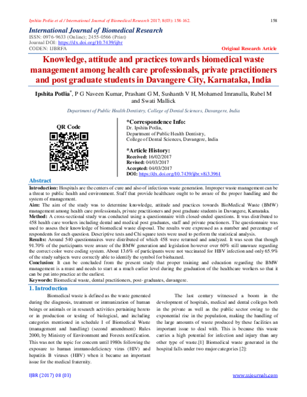 (PDF) Knowledge, attitude and practices towards biomedical waste management among health care ...
