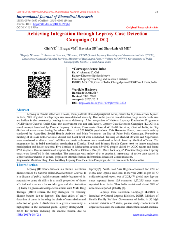 Pdf Achieving Integration Through Leprosy Case Detection Campaign Lcdc
