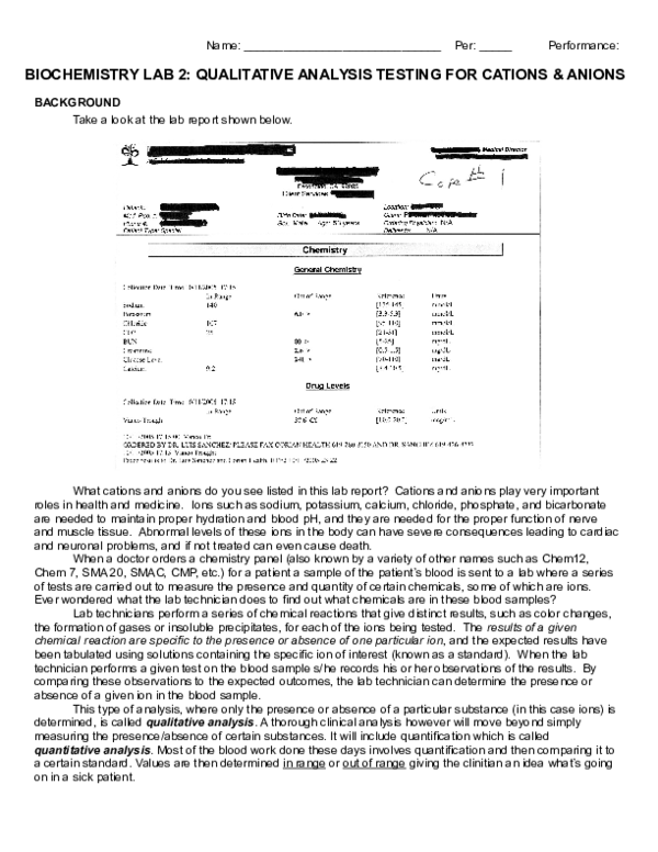 (DOC) Biochemistry Lab 2: Qualitative Analysis Testing for Cations & Anions