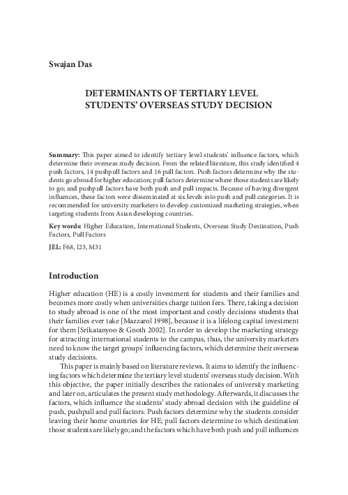(PDF) DETERMINANTS OF TERTIARY LEVEL STUDENTS' OVERSEAS STUDY DECISION