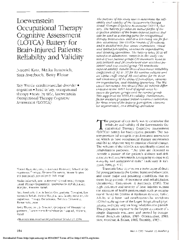 (PDF) Loewenstein Occupational T erapy Cognitive Assessment (LOTCA ...
