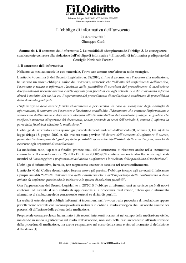 (PDF) INFORMATIVA AVVOCATO CLIENTE ALL'ATTO DEL CONFERIMENTO DELL'INCARICO